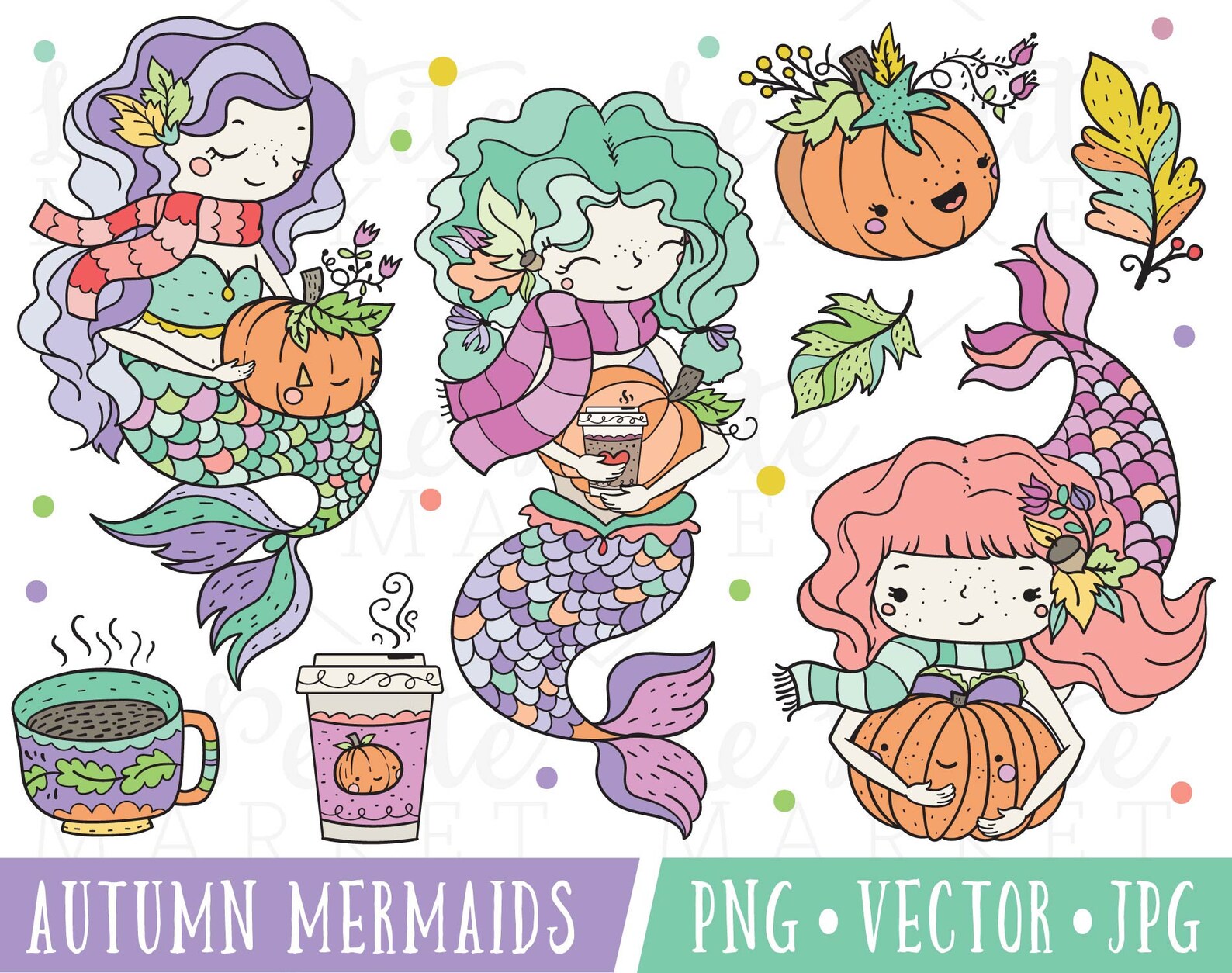 Cute Halloween Mermaid Clipart Set, Cute Autumn Mermaids Clipart, Fall ...
