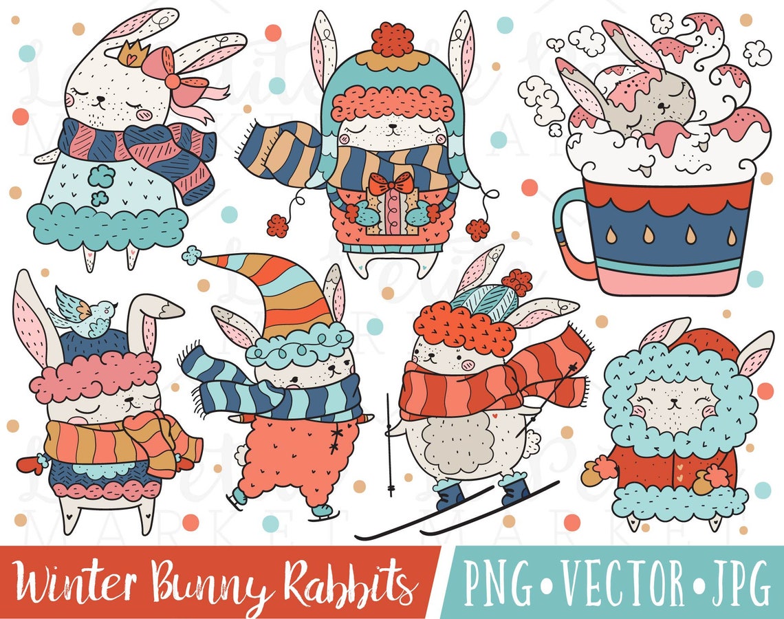 Cute Rabbit Clipart Images Winter Bunny Clipart Woodland | Etsy