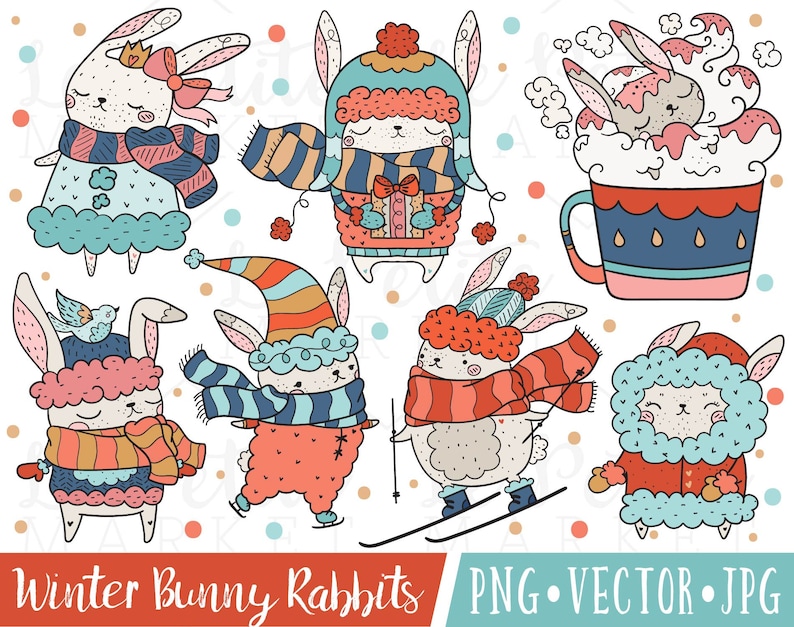 Cute Rabbit Clipart Images Winter Bunny Clipart Woodland | Etsy