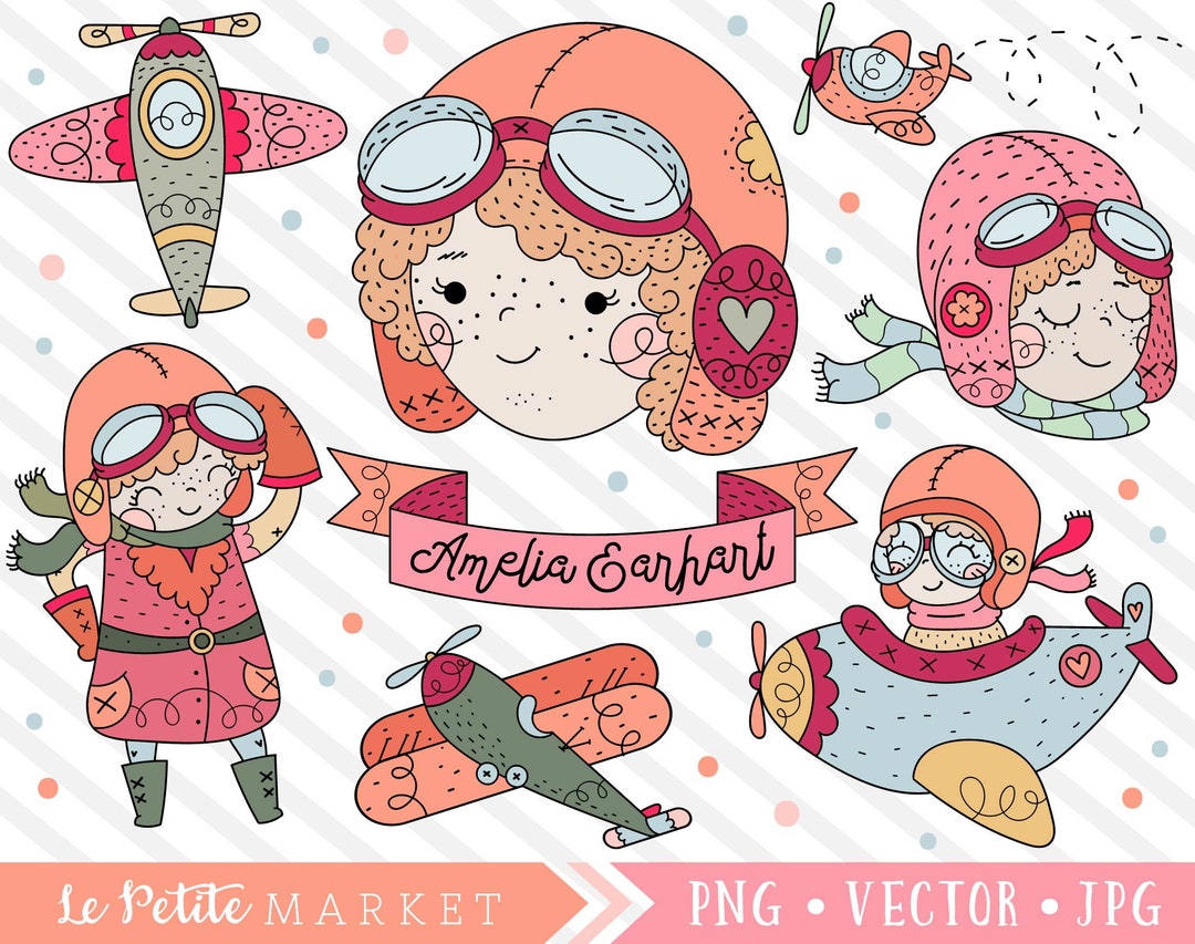 Amelia Earhart Clipart Set, Cute Aviator Clipart, Flying Clip Art ...