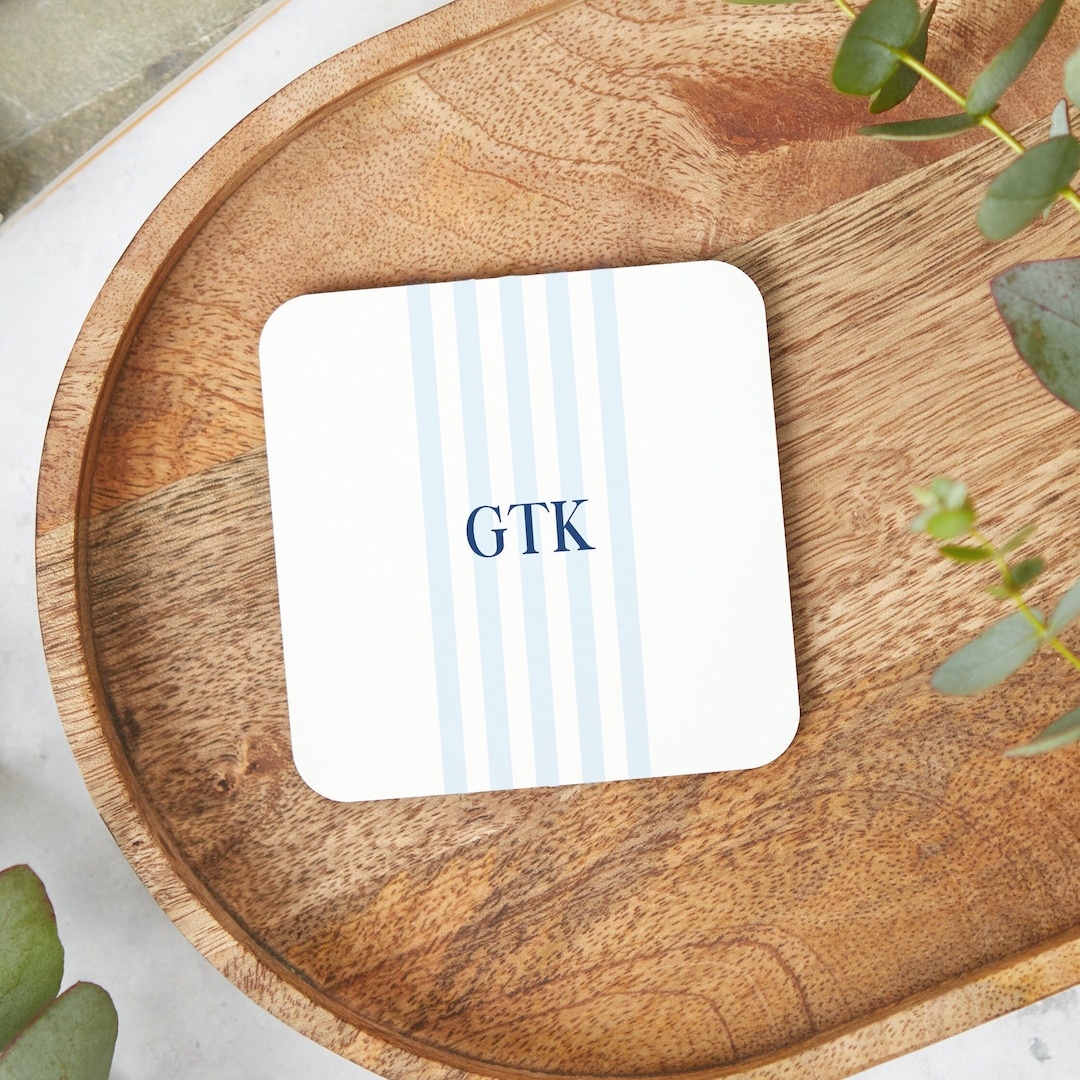 Monogrammed Gift Idea Personalized Coaster Set Blue White Decor Gift ...