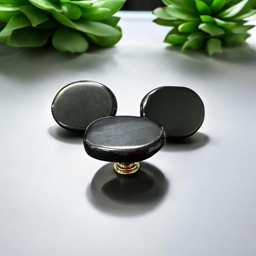 Unique Custom Black Obsidian Drawer Cabinet Pulls Knobs, Black Metal Base, Furniture Refinishing ...