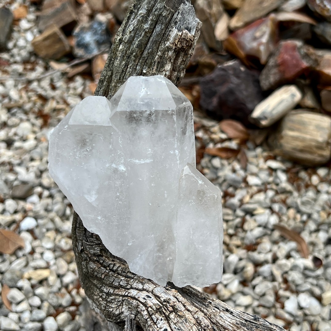 Natural Quartz Crystal Starbrary Devic Temple Cluster. Clear Acrylic and Brass Custom Stand ...