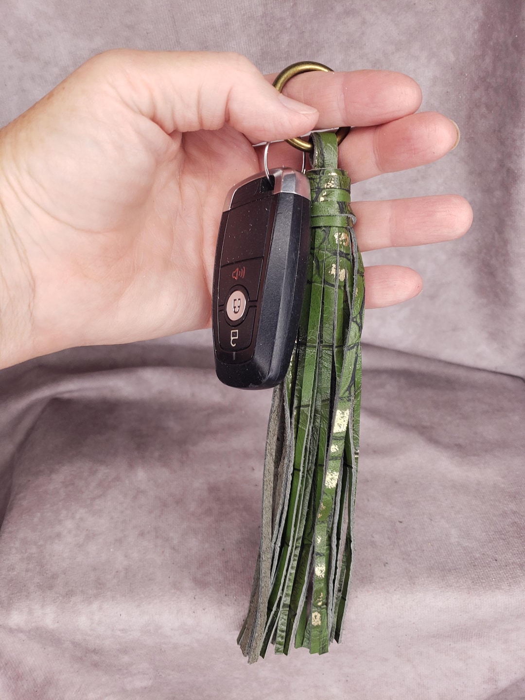 Leather Tassel Keychain/bag Charm/ Emerald Green and Gold Tipping Gator ...