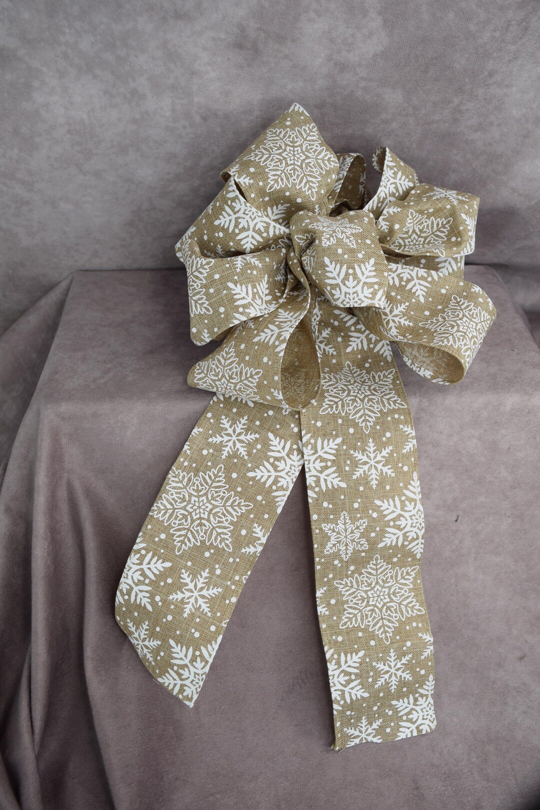 Bow / 8" Natural With White Snowflakes Wired Bow/2 1/2" Wide Ribbon ...