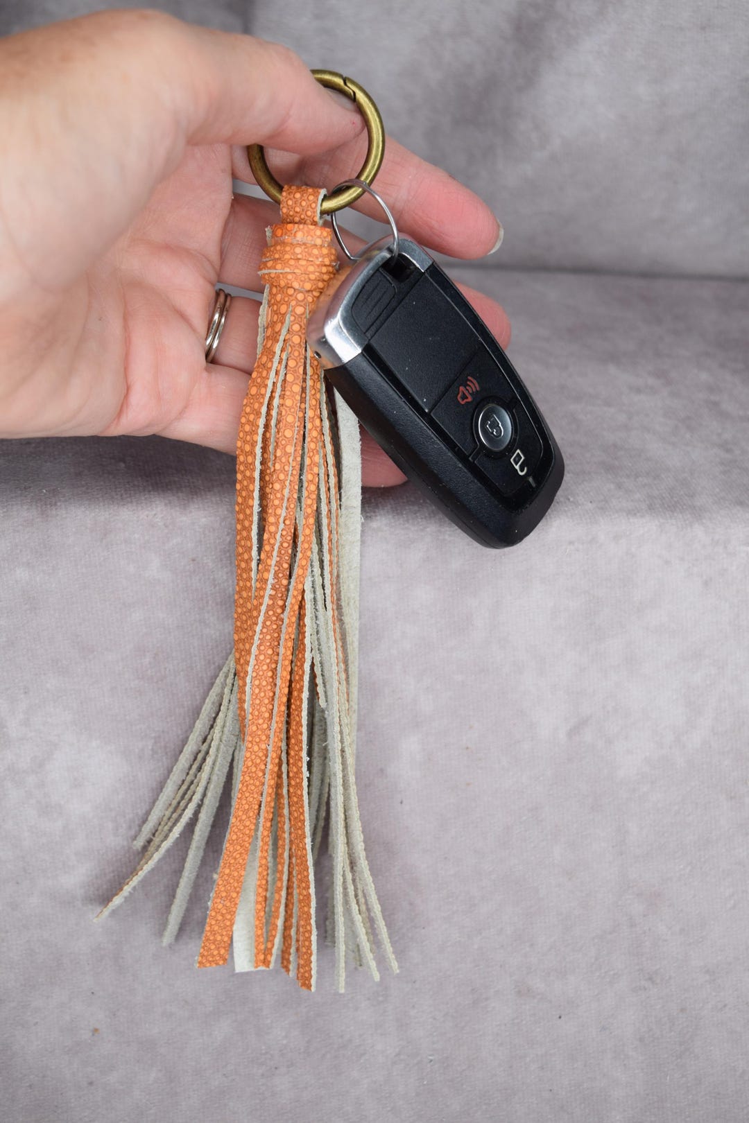 Leather Tassel Keychain/bag Charm/ Tangerine Orange Textured Genuine ...