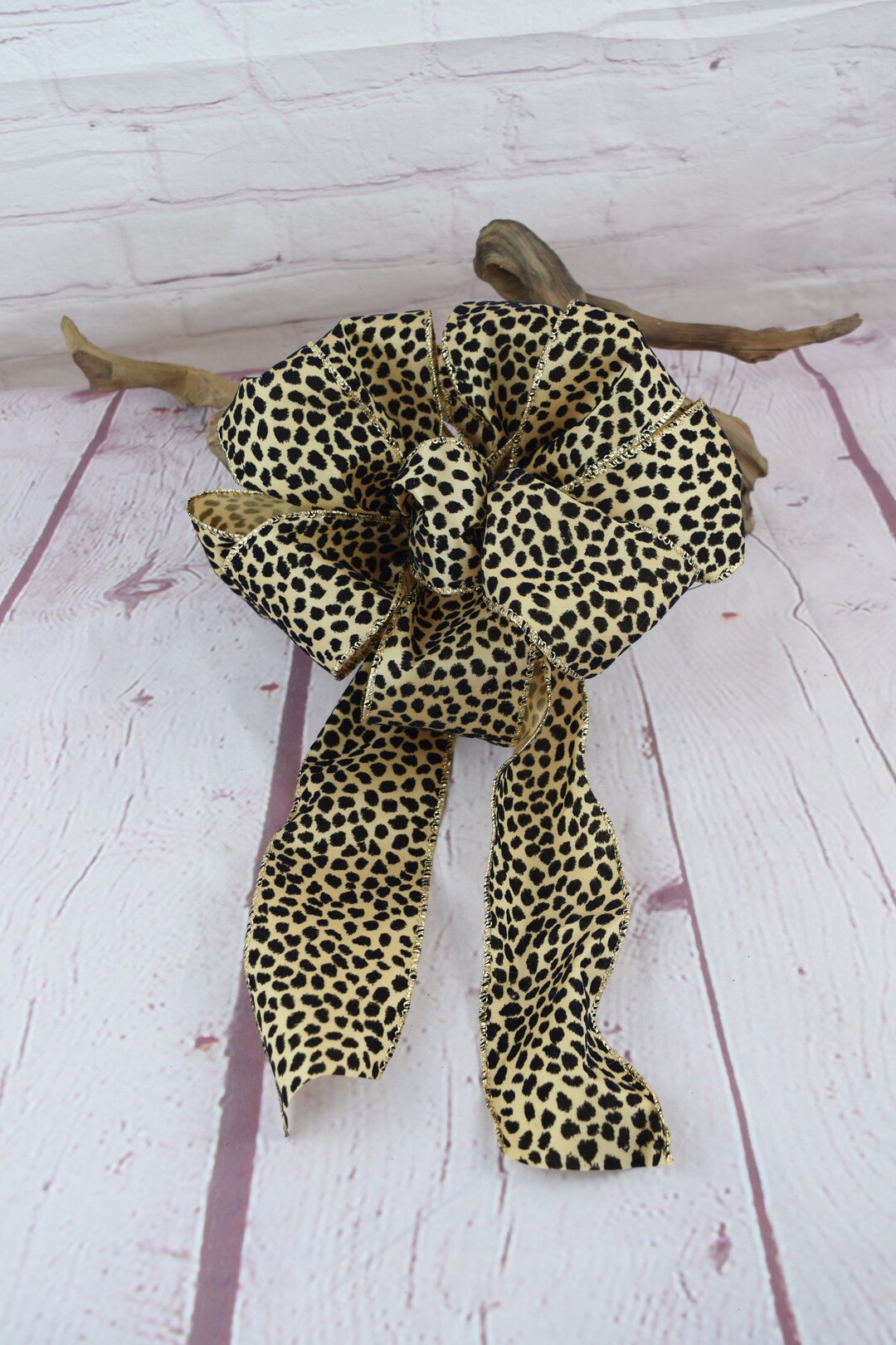 Wreath Bow/ 10" Leopard Print Light Gold Satin With Textured Dark Brown ...