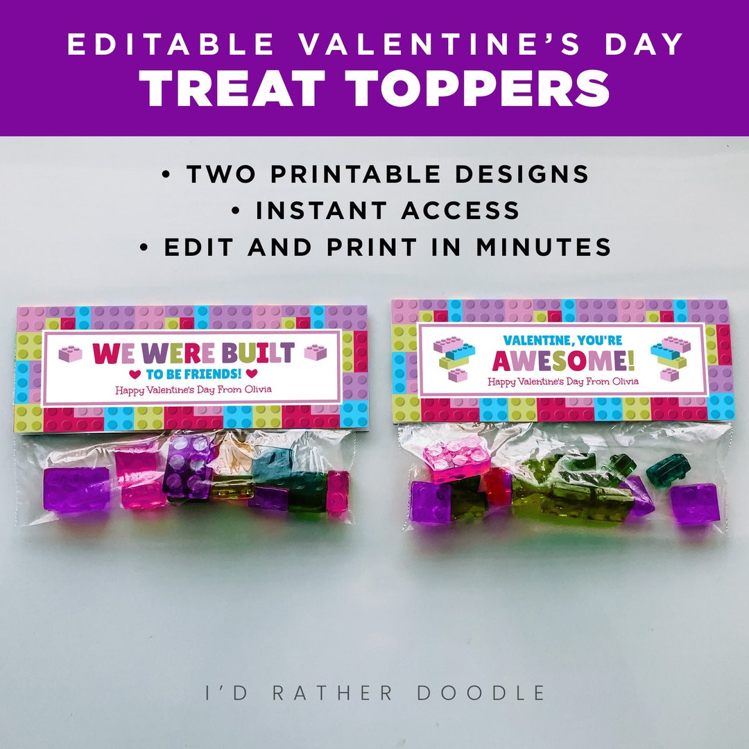 Editable Building Blocks Valentines Favor Treat Toppers 2 Designs Bricks Valentine Treat Toppers ...