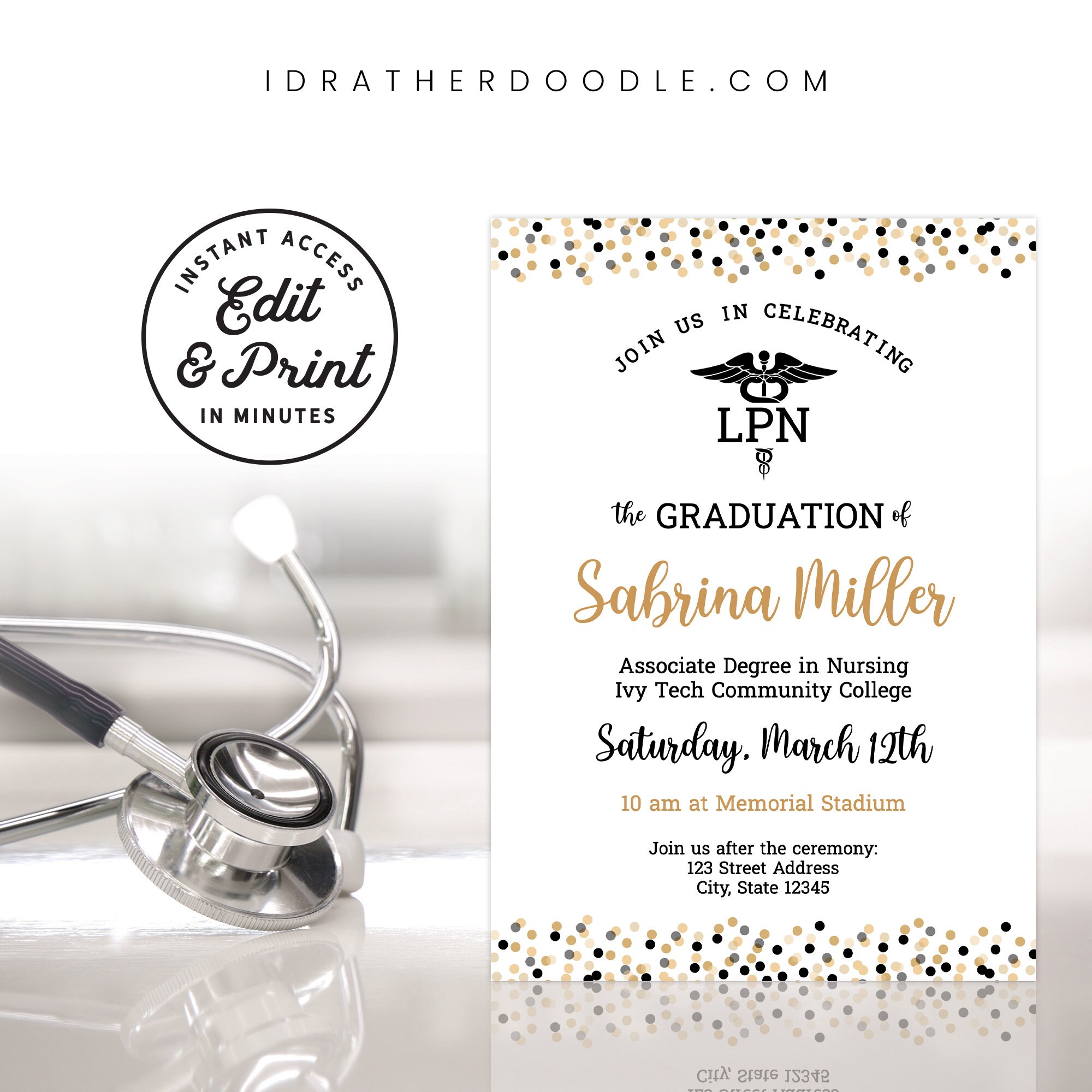 Editable LPN Gold Confetti Nursing Graduation Invitation - Etsy