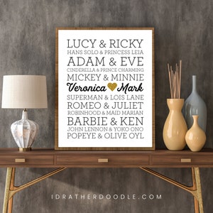 Famous Couples Digital Wall Print - Customized Printable Art - Wedding ...