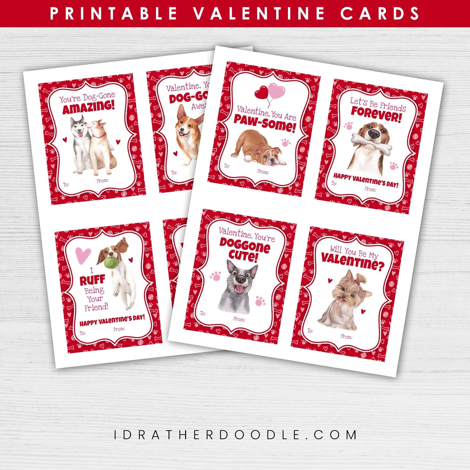 Dog Themed Valentine Cards for Kids Instant Download Printable ...
