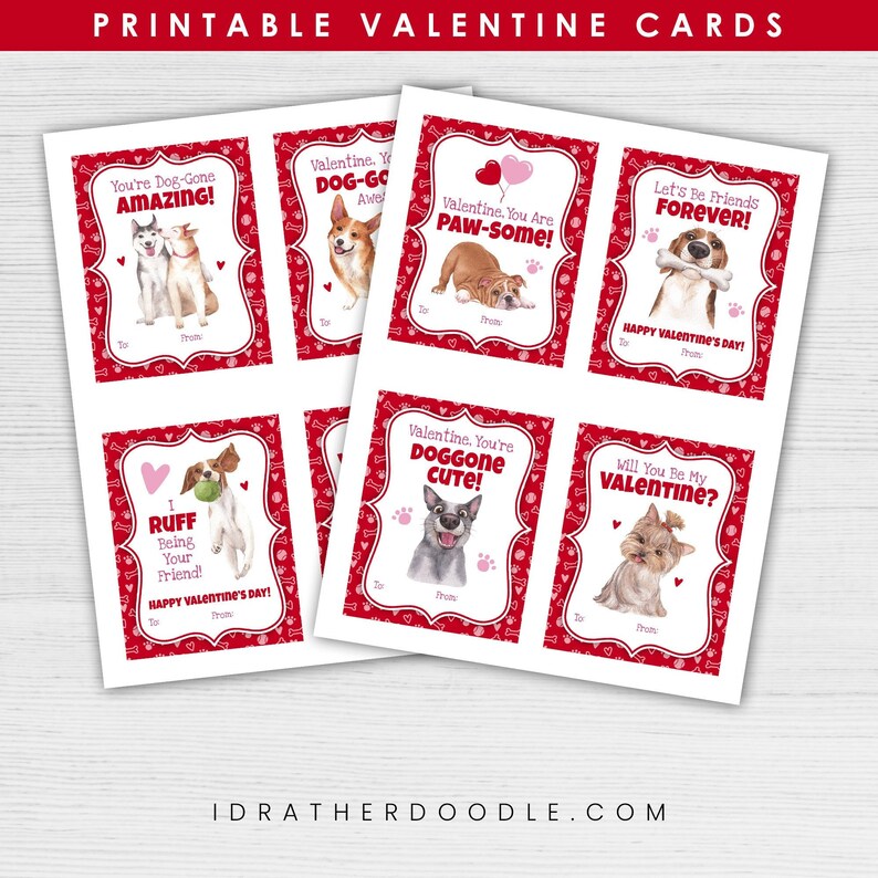 Dog Themed Valentine Cards for Kids Instant Download Printable ...
