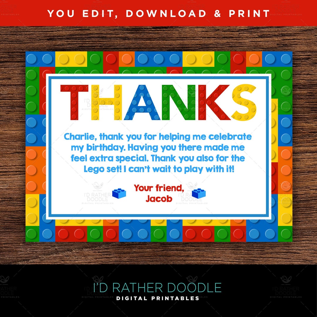 Bricks Birthday Thank You Card - 7"x5" - Blocks Editable Thank You Card ...