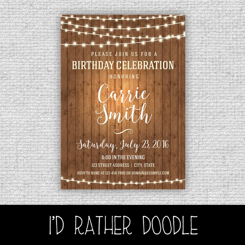 Rustic Birthday Invitation - Wood and Lights Invite - Rustic Wood ...