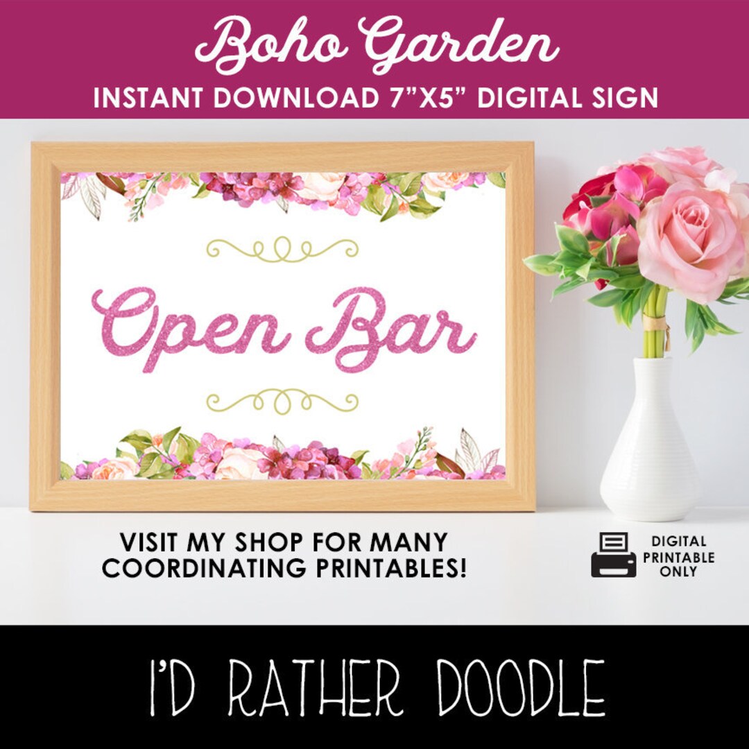 Open Bar 7"x5" Printable Sign - Boho Watercolor Flowers - Printable ...