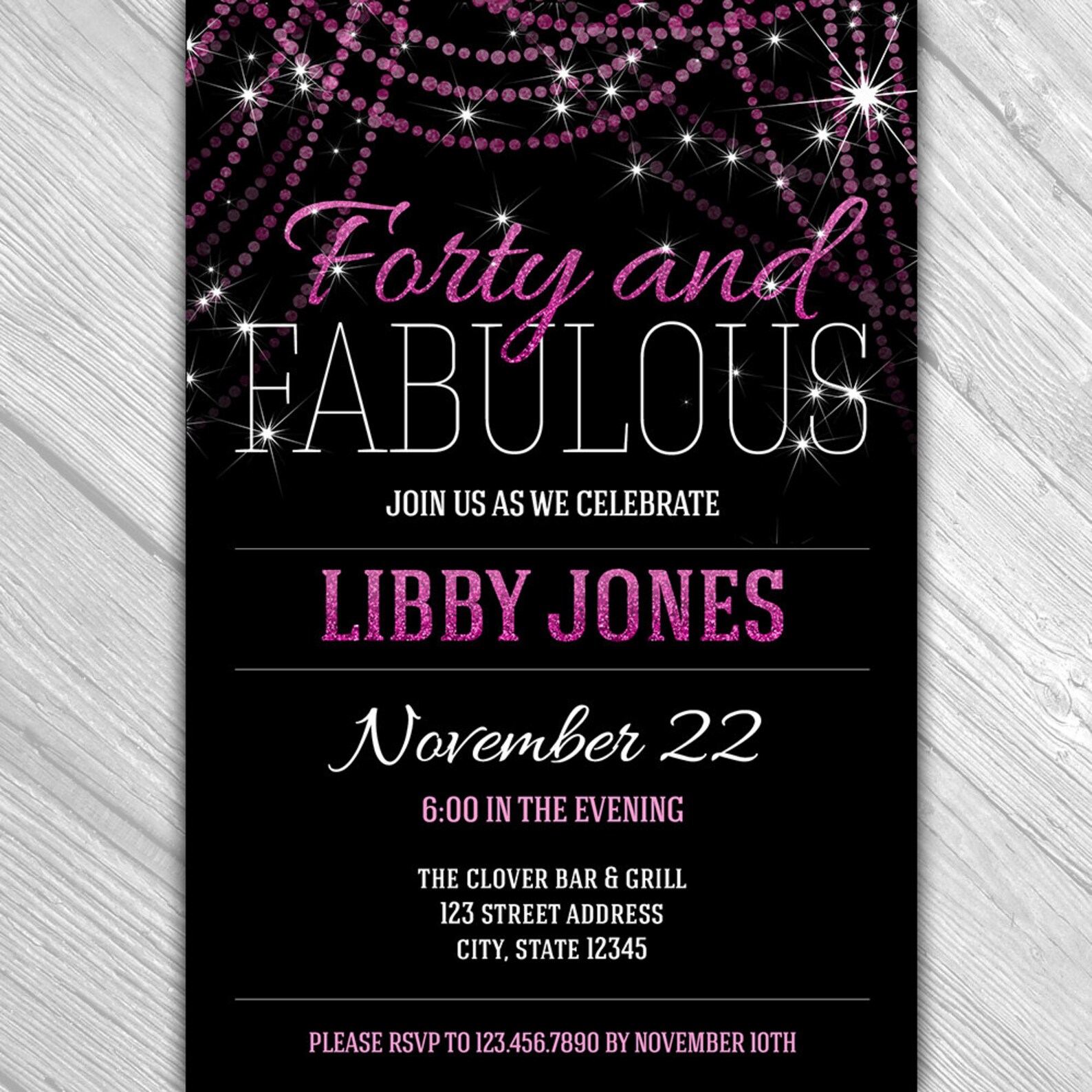 40th Birthday Invitation - Glitter - Forty and Fabulous Invite ...