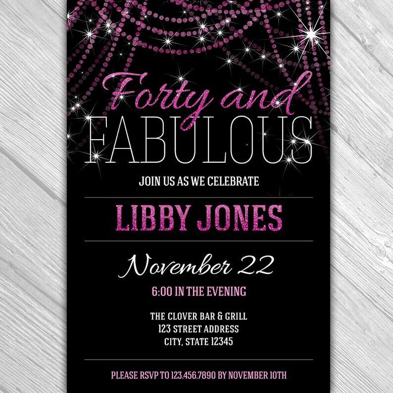 40th Birthday Invitation Glitter Forty And Fabulous Invite Etsy