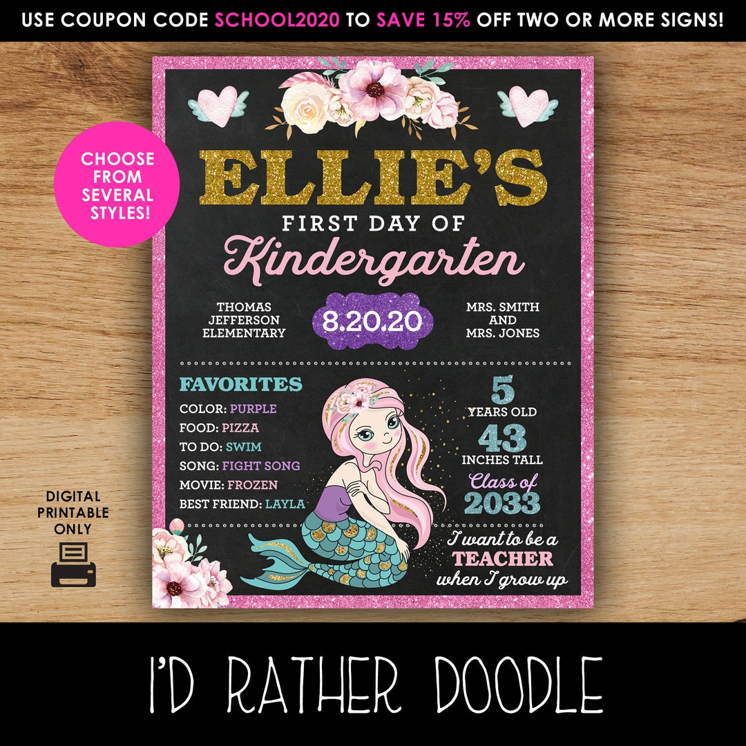 First Day of School Sign Girl - Mermaid - Glitter - Chalkboard Sign ...