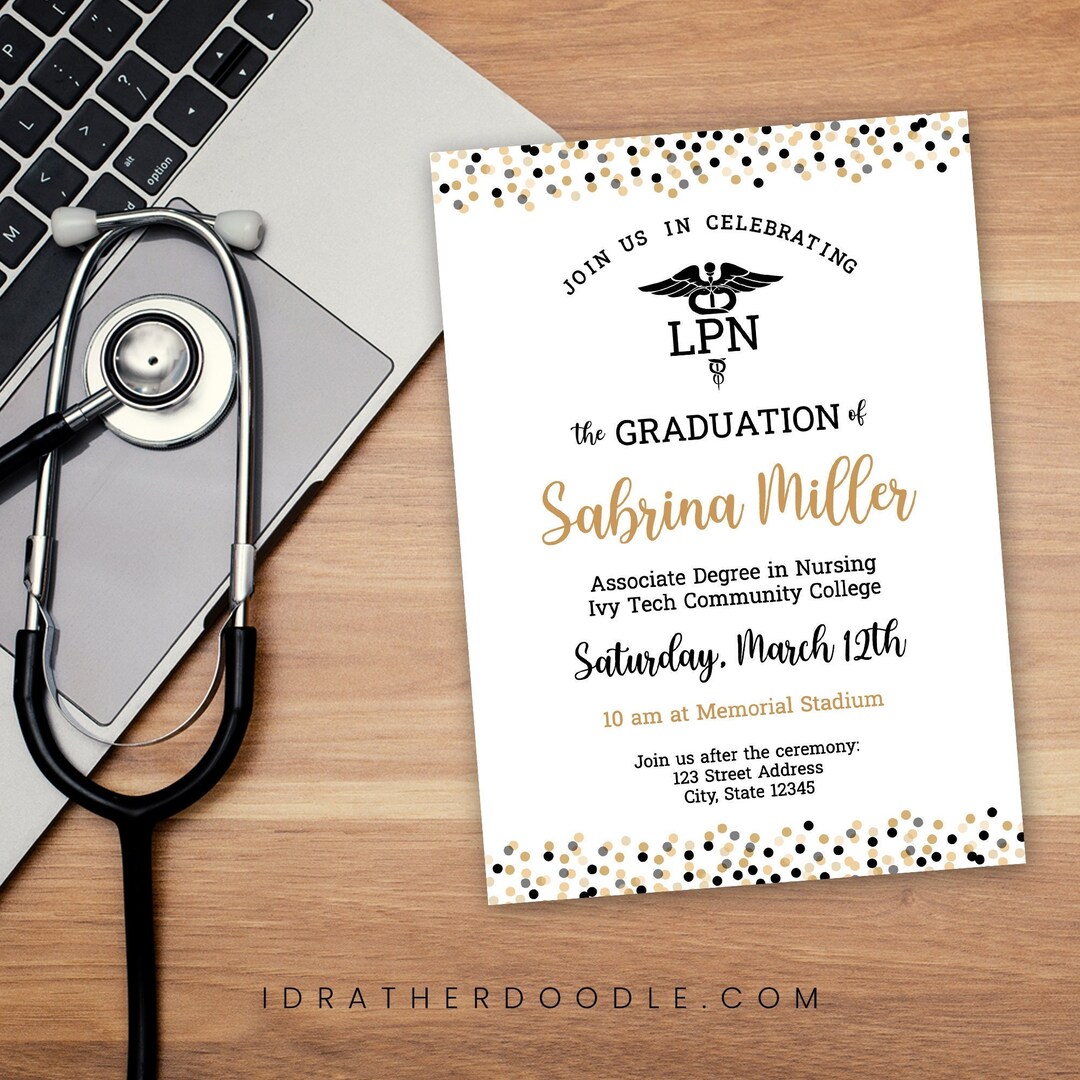 Editable LPN Gold Confetti Nursing Graduation Invitation - Nurse ...