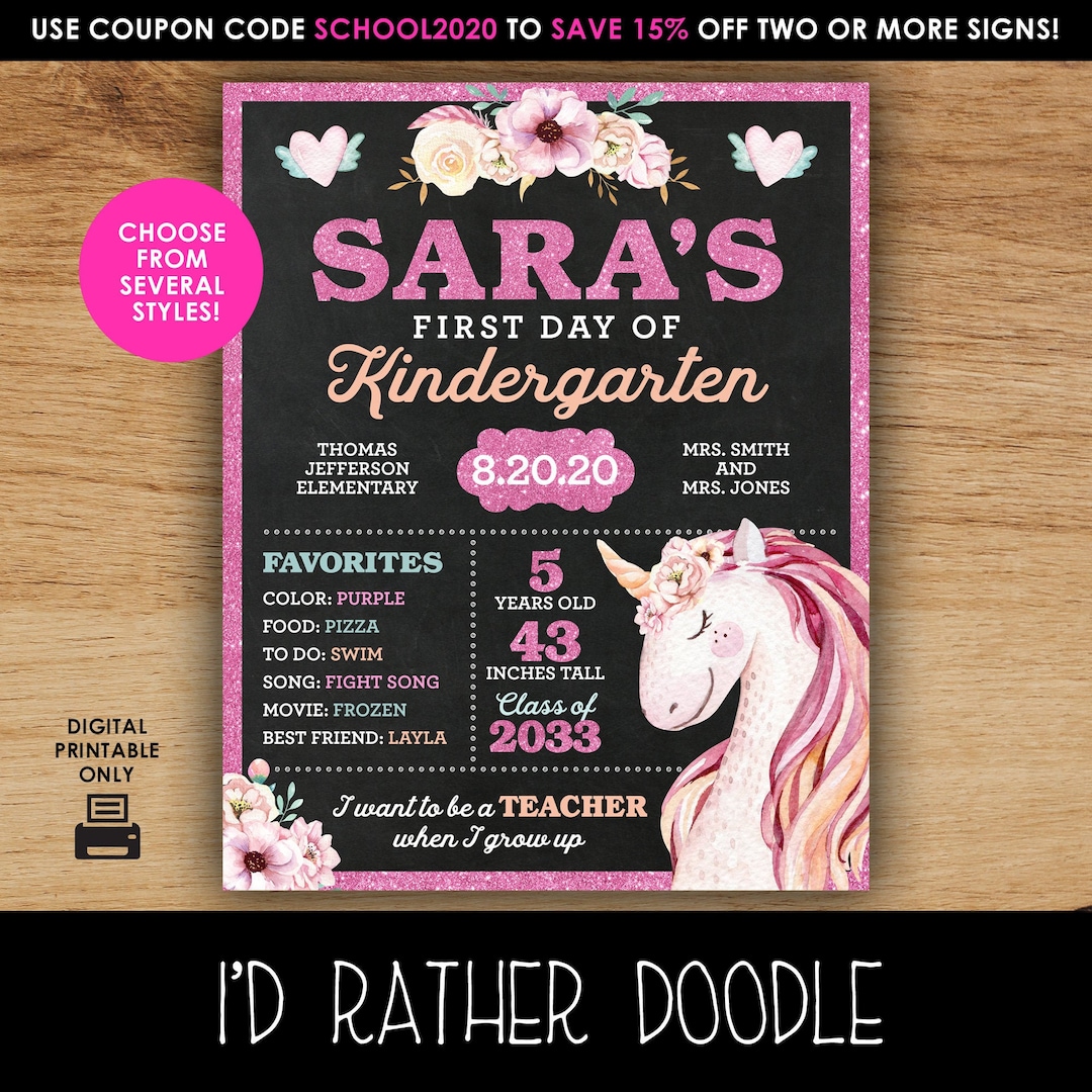 First Day of School Sign Girl - Unicorn - Glitter - Chalkboard Sign ...