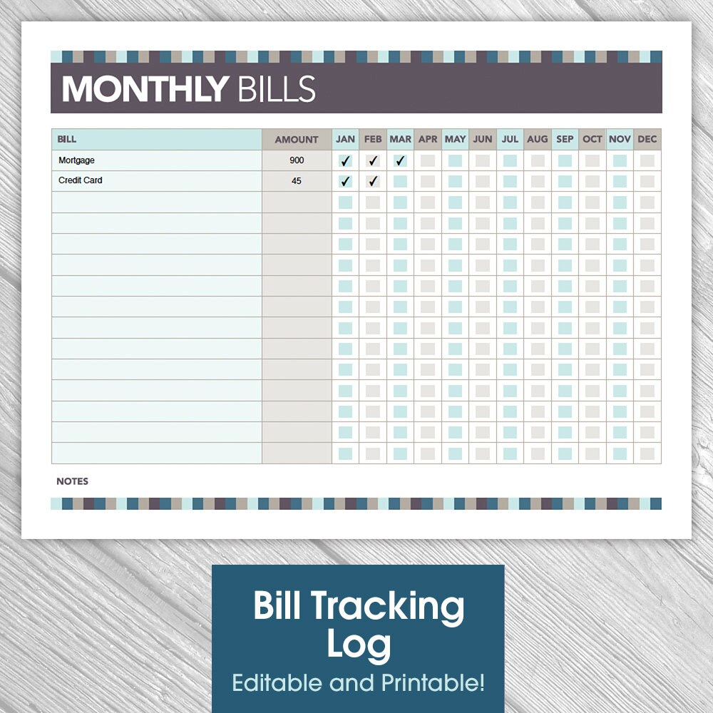 Printable Editable Monthly Bill Tracking Log Home Finance - Etsy