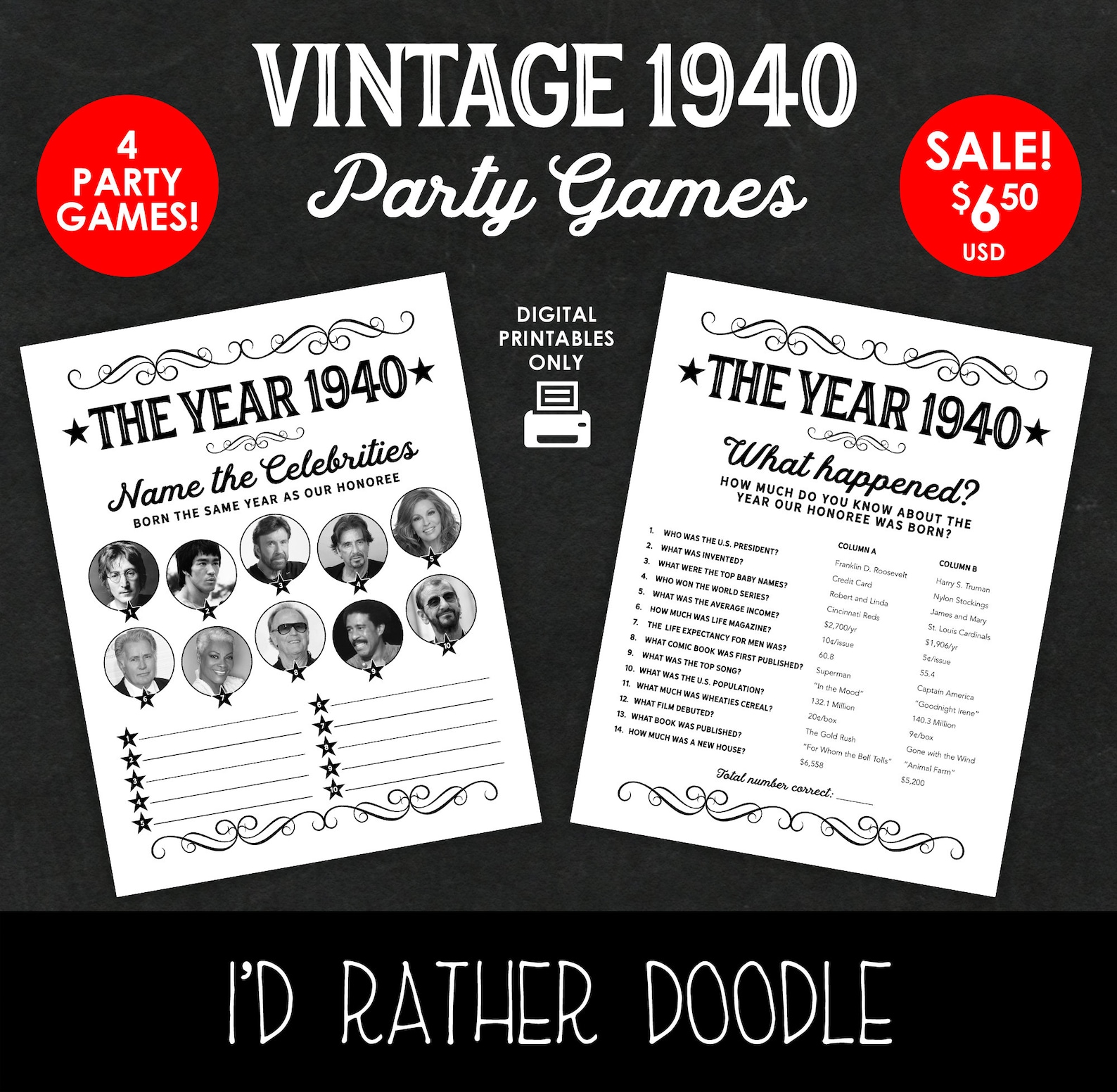 Vintage 1940 Birthday Party Games Four Games 80th Birthday | Etsy