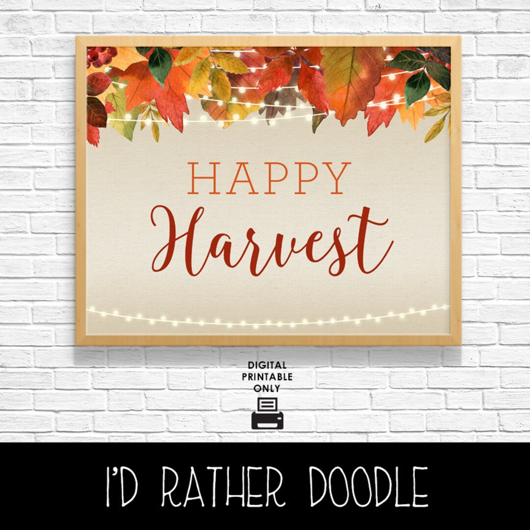 Happy Harvest Printable Sign Watercolor Leaves and Lights Thanksgiving ...