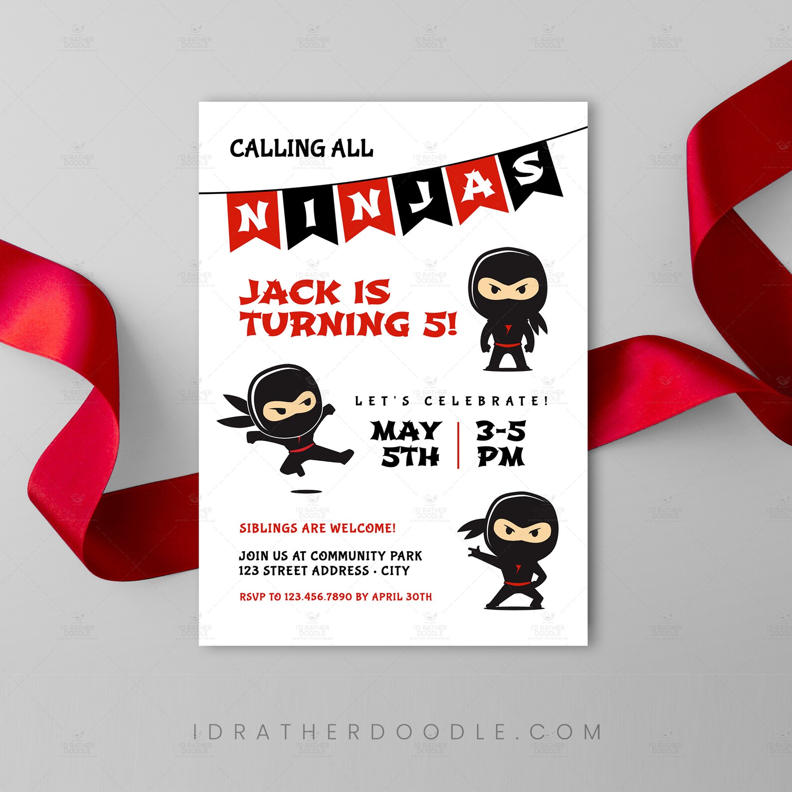 Editable Ninjas Birthday Party Invitation - Three Ninjas Birthday ...