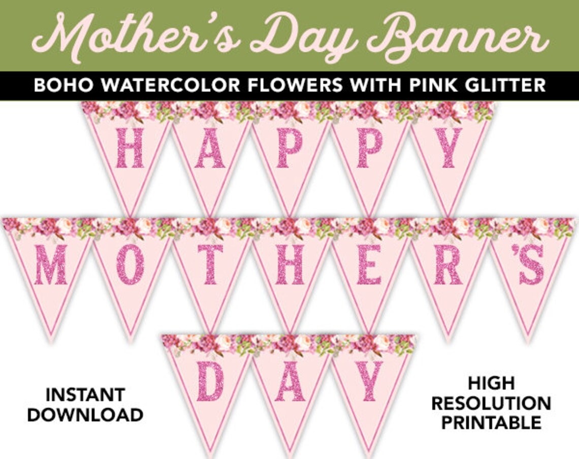 Happy Mother's Day Banner Boho Watercolor Flowers Banner | Etsy
