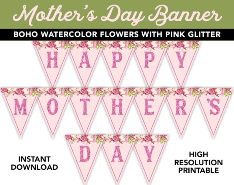Happy Mother's Day Banner Boho Watercolor Flowers Banner With Pink ...