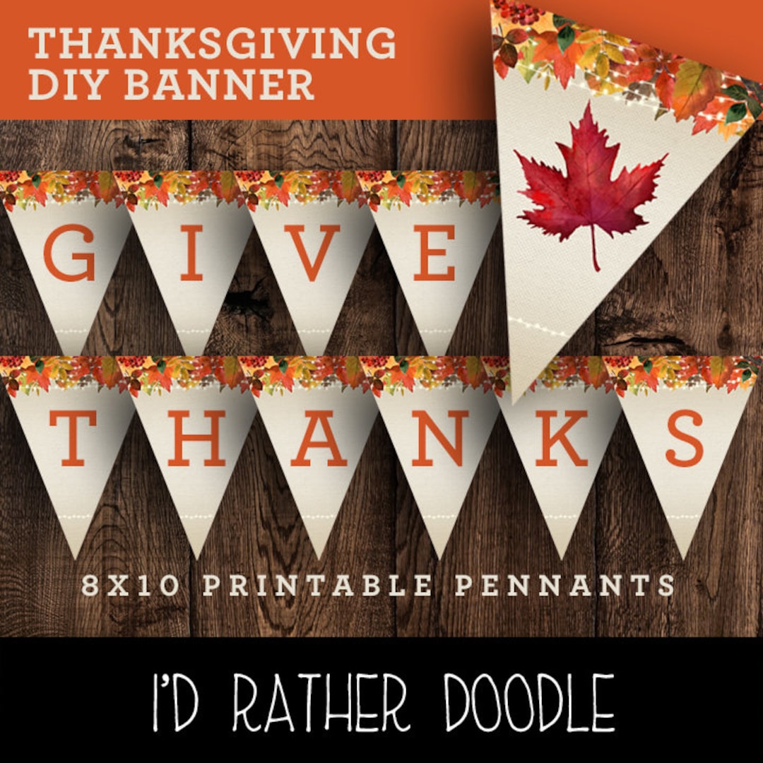 Give Thanks Pennant Banner Boho Watercolor Leaves and Lights ...