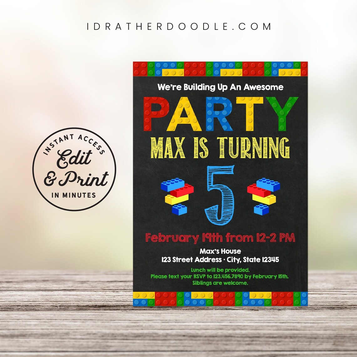 Editable Bricks Birthday Party Invitation Bricks Chalkboard | Etsy