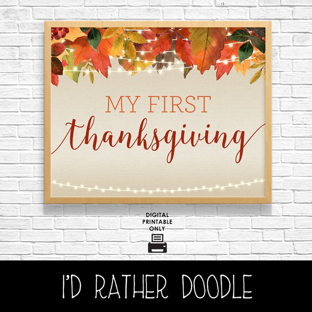 My First Thanksgiving Printable Sign Watercolor Leaves and Lights ...