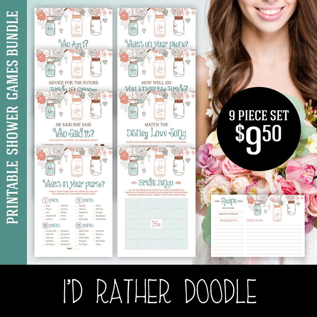 Bridal Shower Games - 9 Piece Set - Printable Bridal Shower Game ...