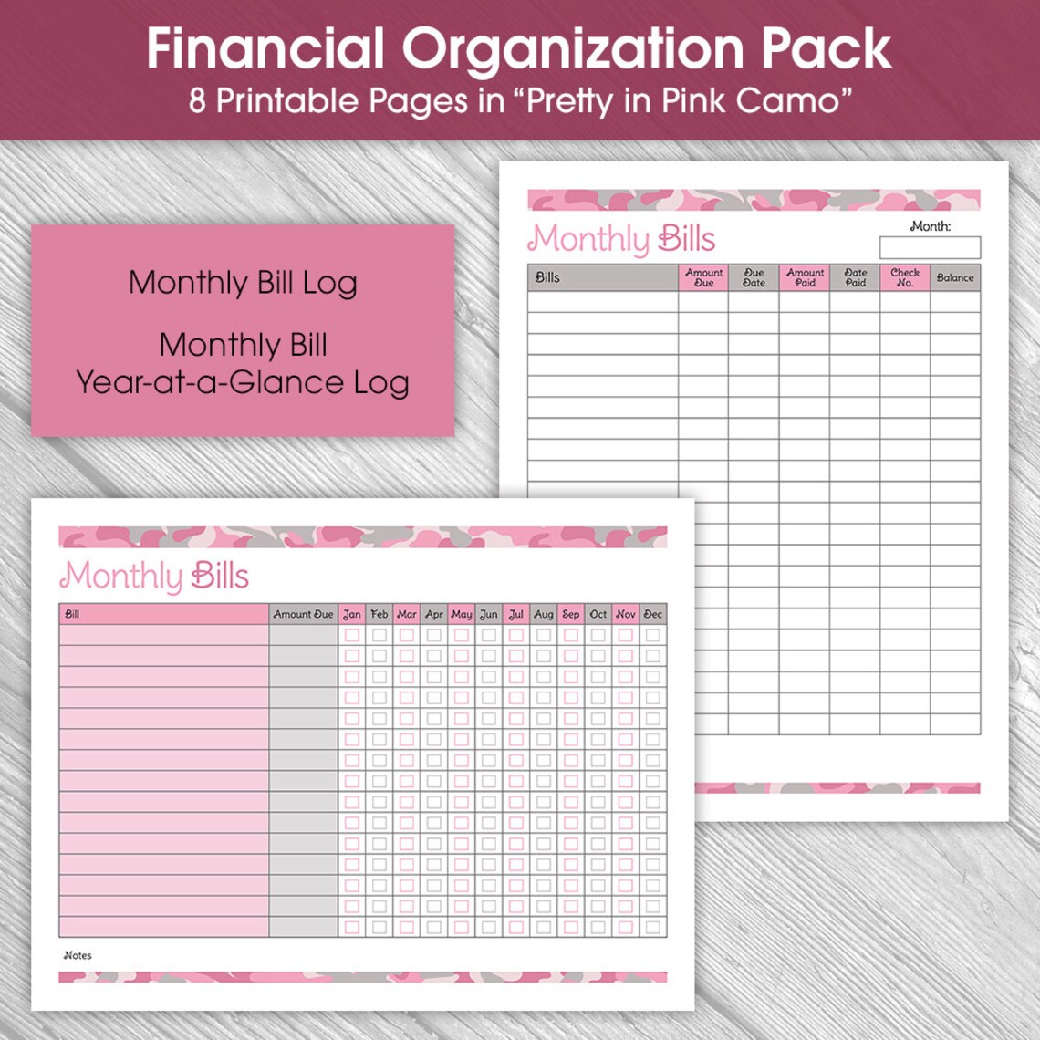 Printable Budget Planner - Pink Camouflage - Printable Bill Tracker ...