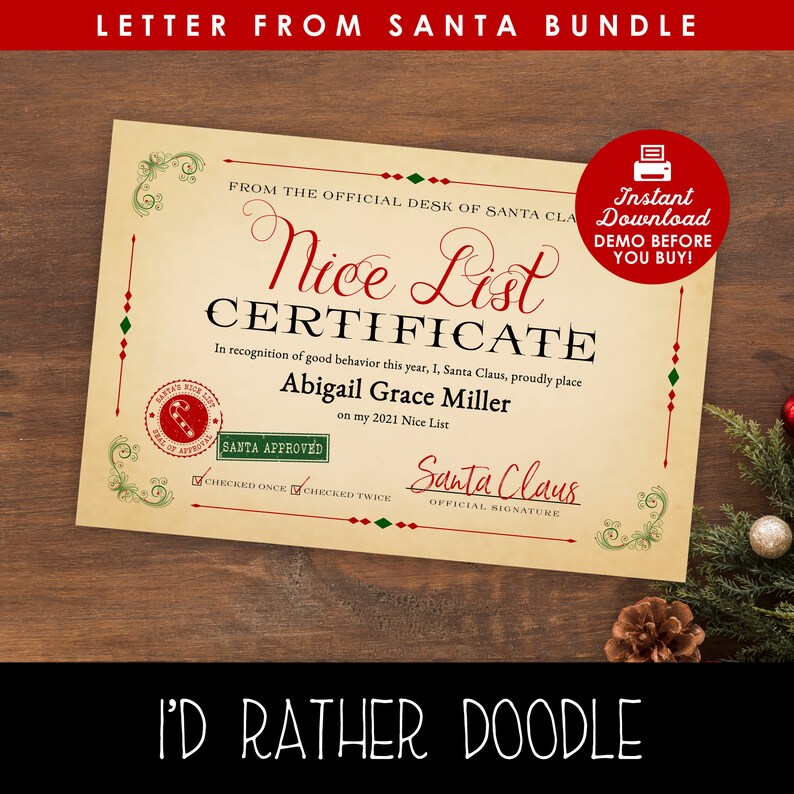 Letter From Santa Editable Printable Nice List Certificate | Etsy