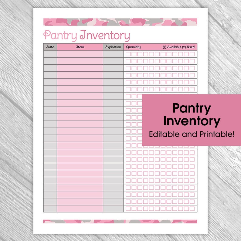 Printable Editable Kitchen Pantry Inventory - Pink Camouflage, Kitchen ...