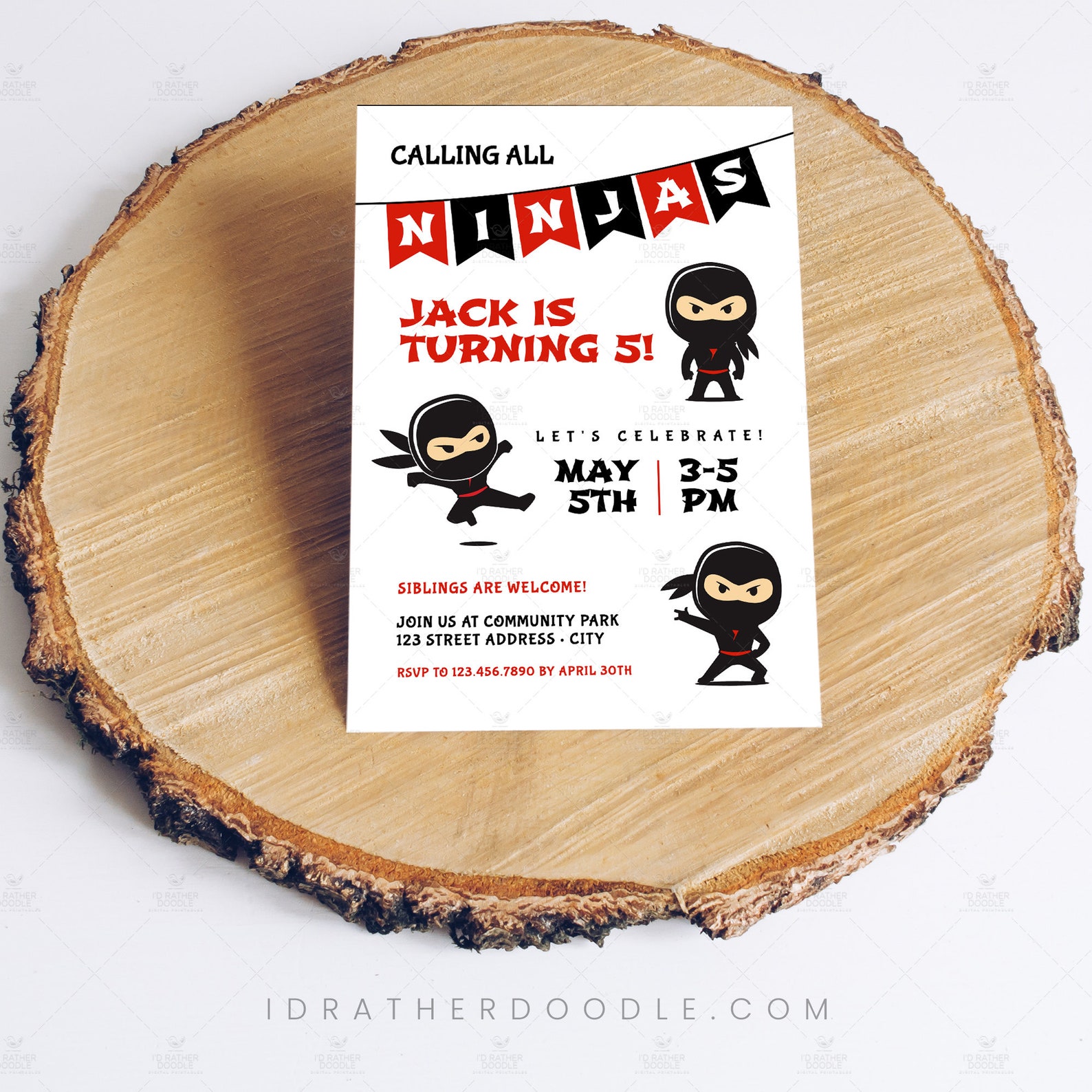 Editable Ninjas Birthday Party Invitation - Three Ninjas Birthday ...