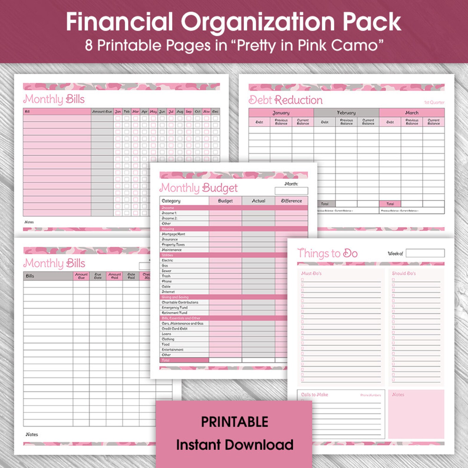 Printable Budget Planner Pink Camouflage Printable Bill - Etsy