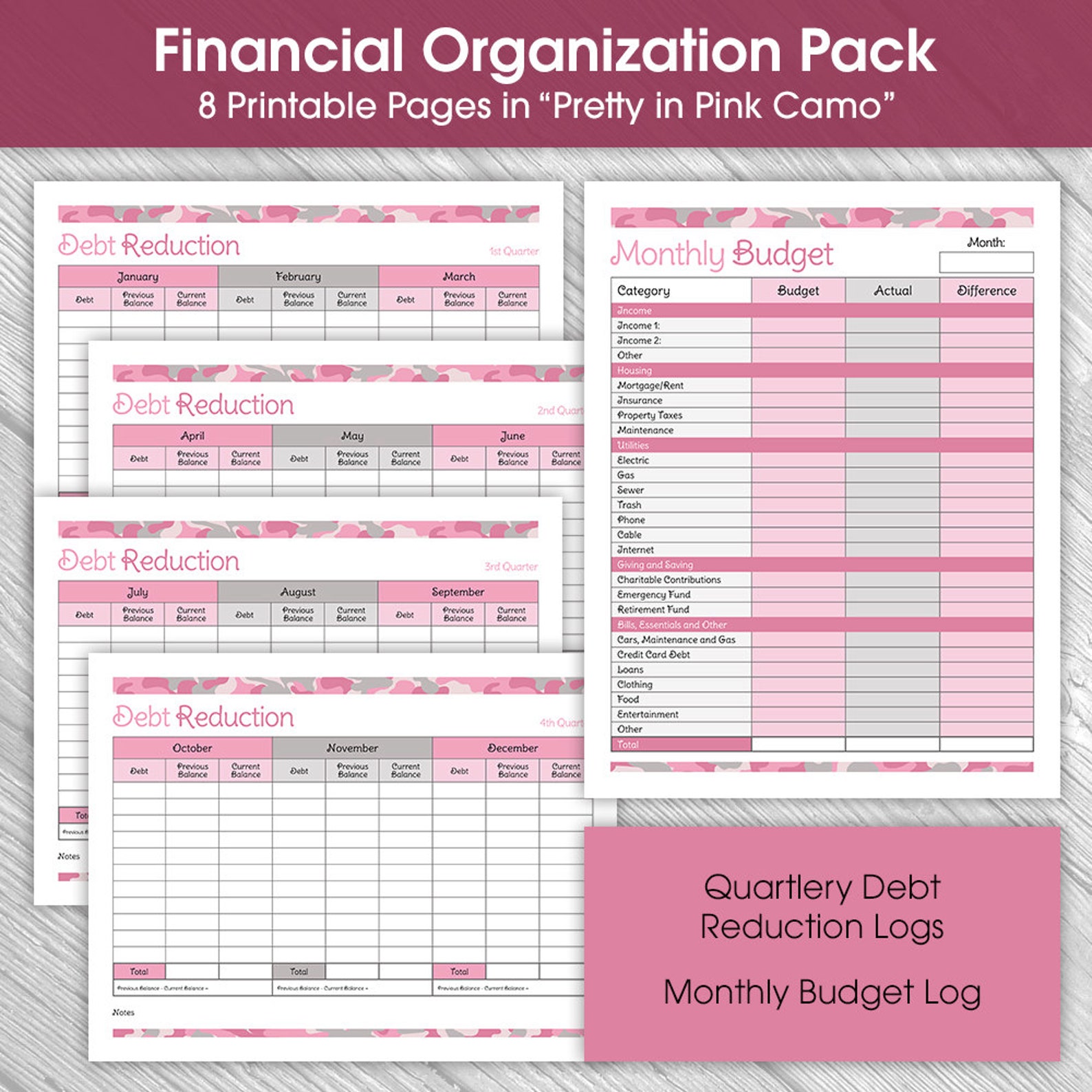 Printable Budget Planner - Pink Camouflage - Printable Bill Tracker ...
