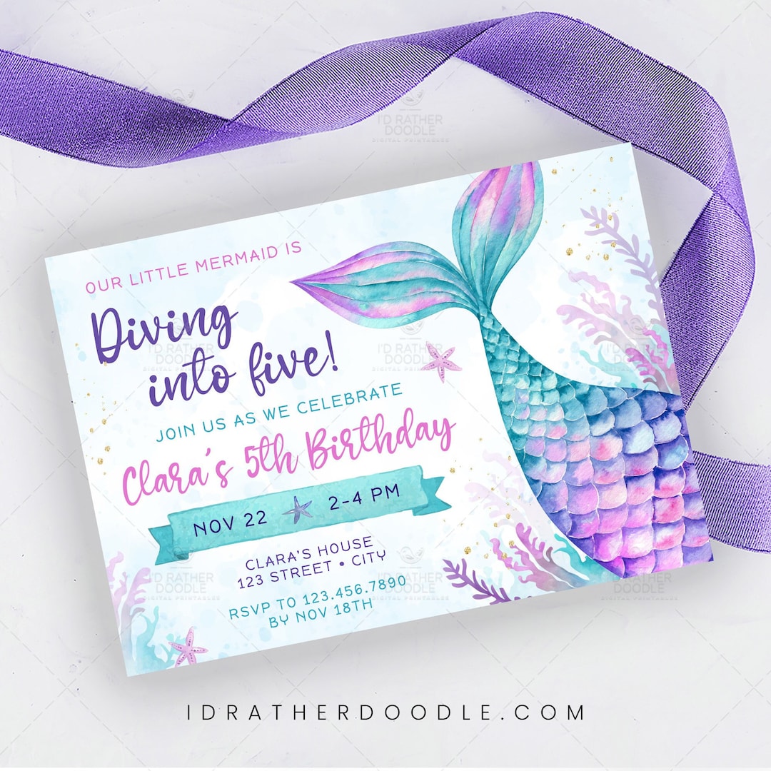 Editable Mermaid Diving Into Five Birthday Invitation, Little Mermaid ...