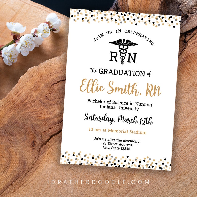 Editable RN Gold Confetti Nursing Graduation Invitation - Etsy