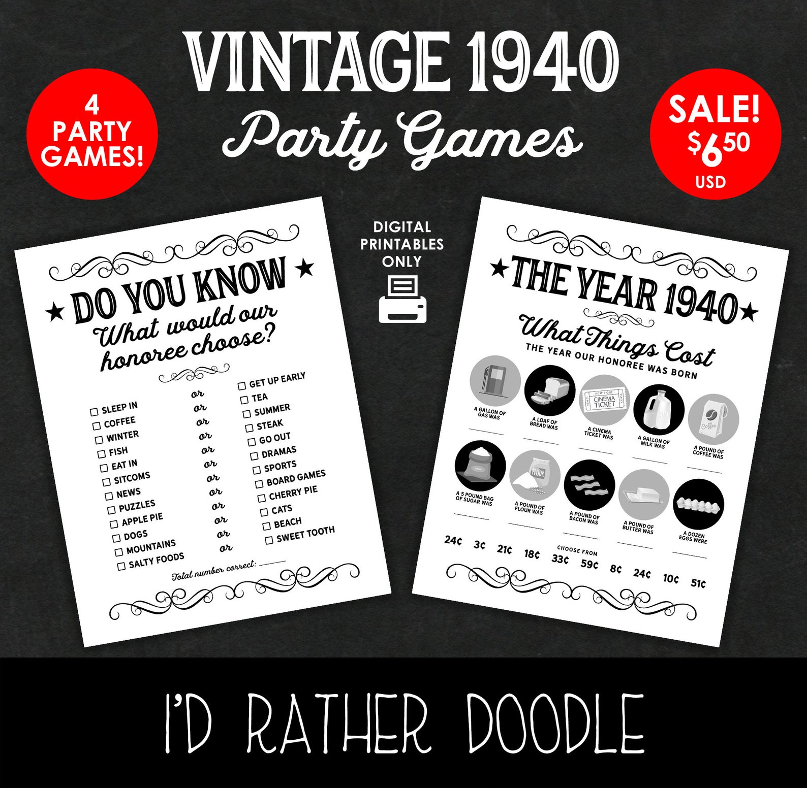 Vintage 1940 Birthday Party Games Four Games 80th Birthday | Etsy