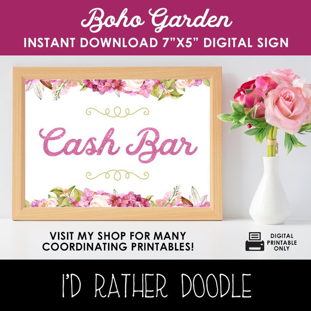 Cash Bar 7"x5" Printable Sign - Boho Watercolor Flowers - Printable ...