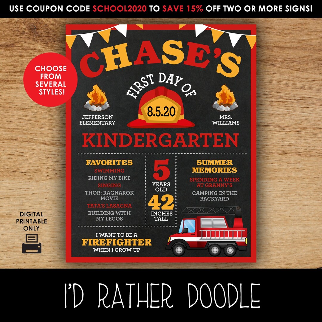 First Day of School Sign - Boy or Girl - Fireman Fire Truck ...