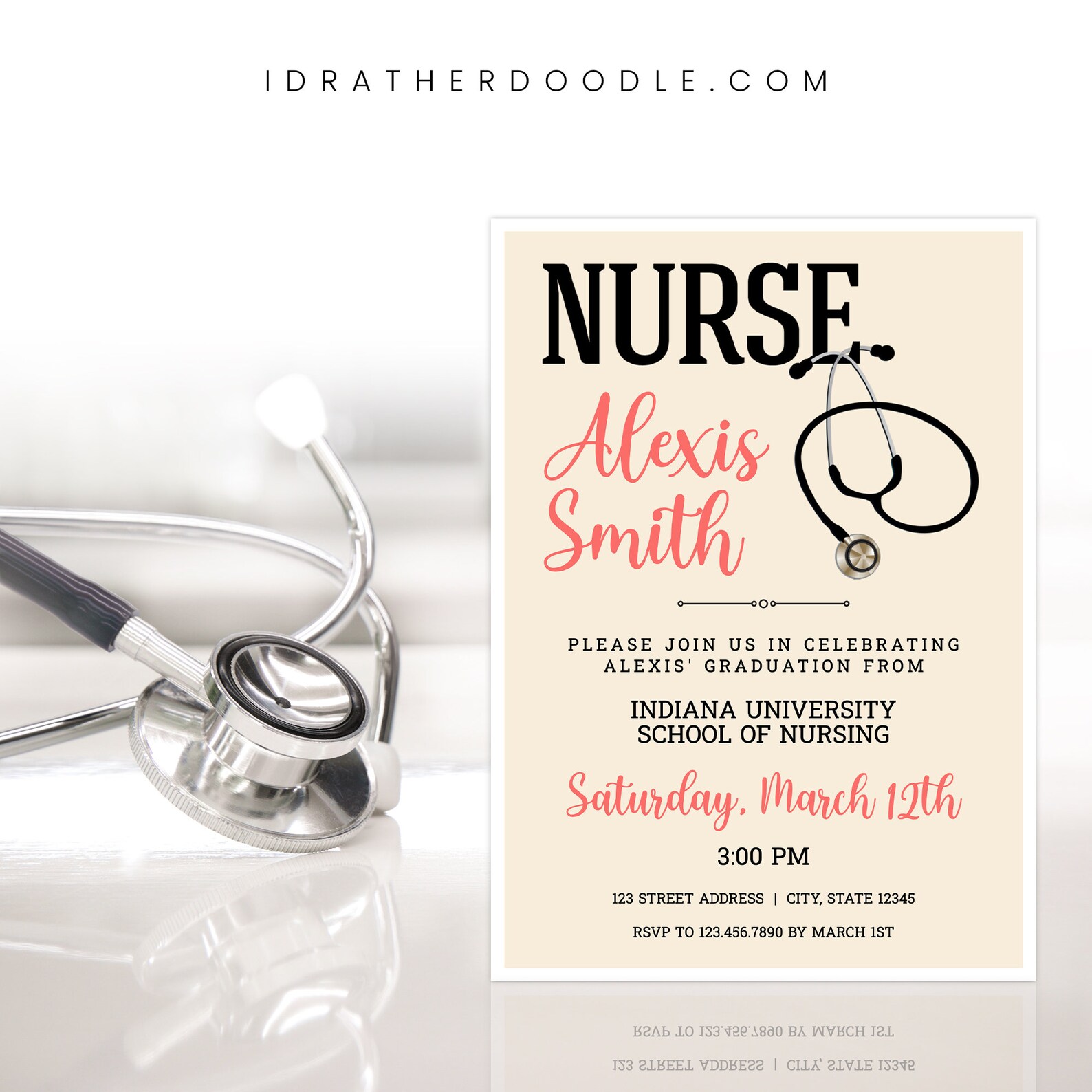 Editable Nurse Stethoscope Graduation Invitation - RN LPN - Nurse ...