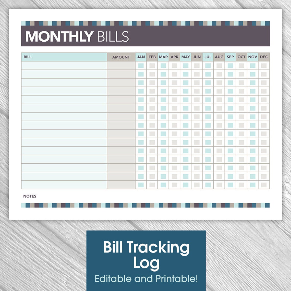 Printable Editable Monthly Bill Tracking Log - Home Finance, Yearly ...