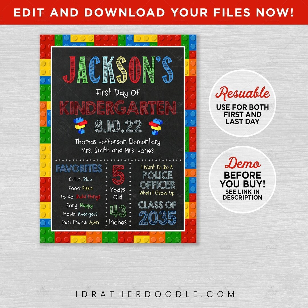 EDITABLE First Day of School Bricks Printable Chalkboard Sign - 8"x10 ...
