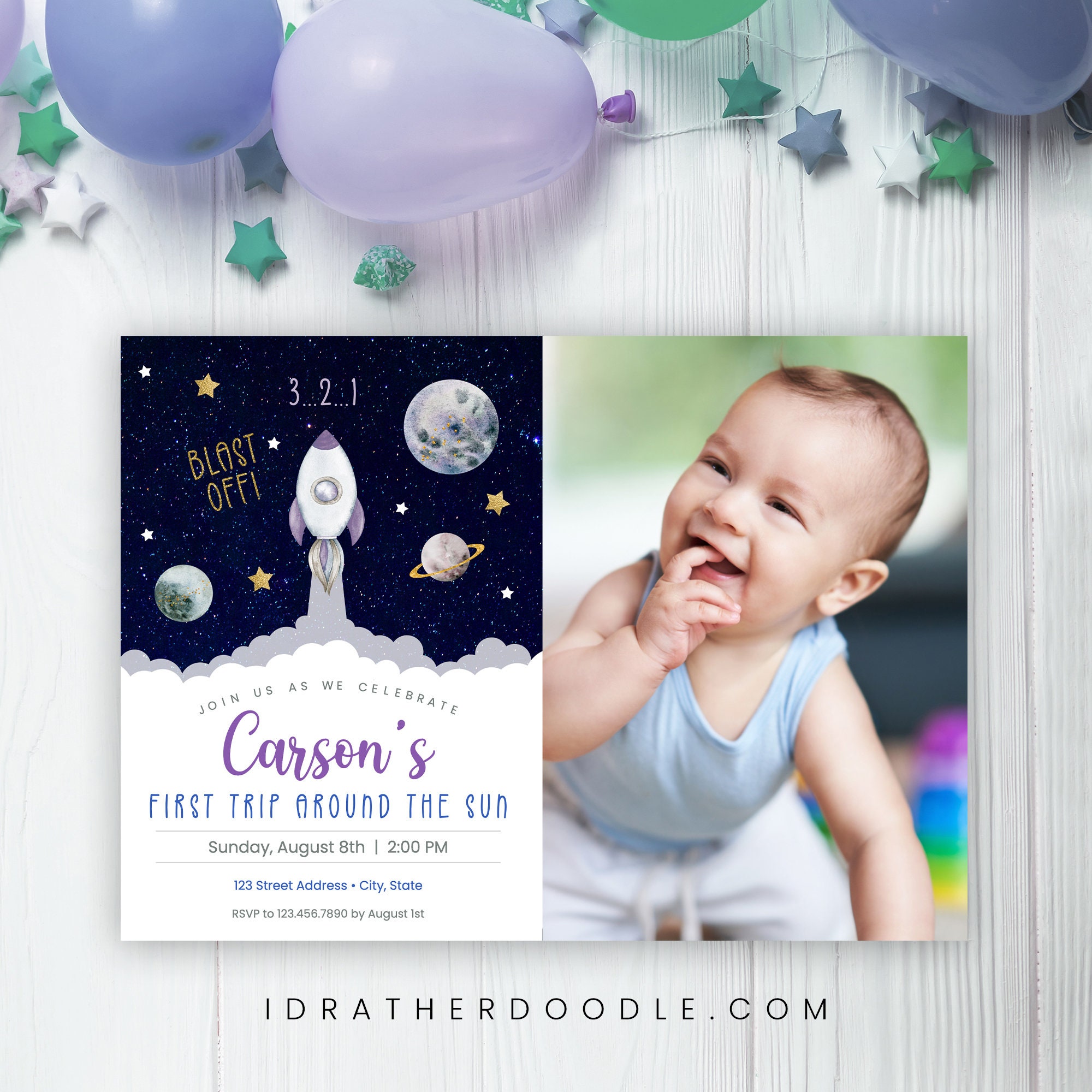 Editable Outer Space Birthday Invitation With Photo First - Etsy