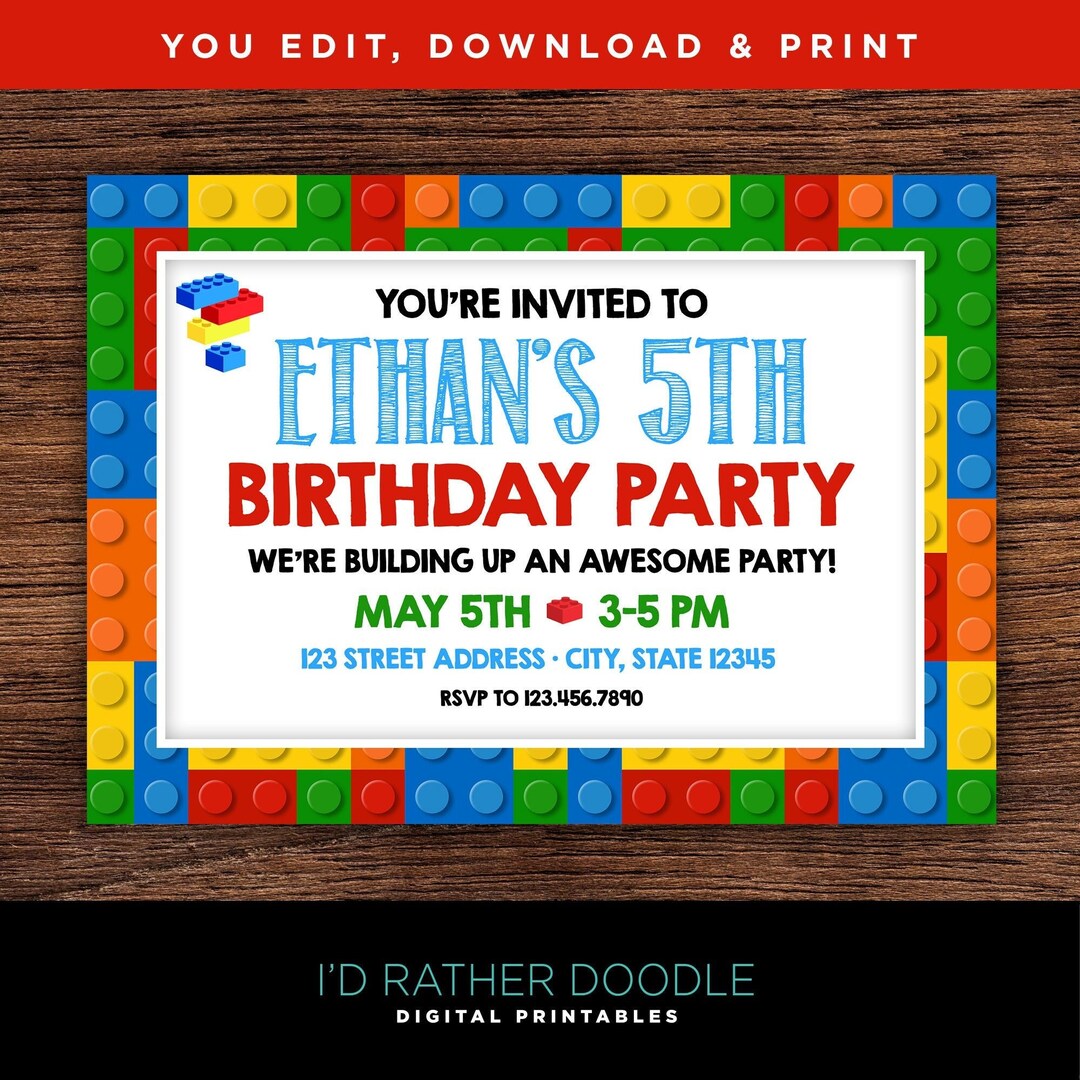 Bricks Birthday Invitation - 7"x5" - Blocks Editable Invite - Instant ...